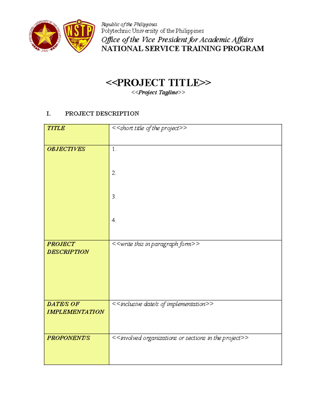 NSTP Project Proposal Template - Polytechnic University of the ...