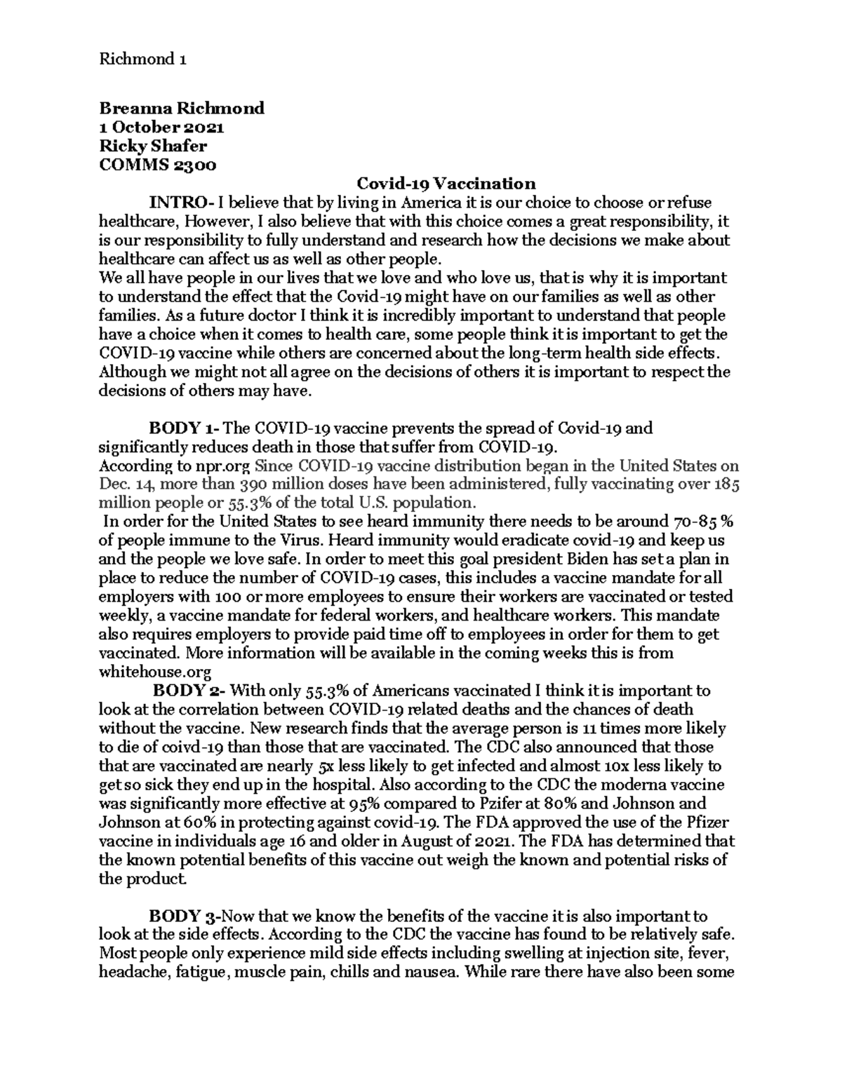 Breifing Speech - Richmond 1 Breanna Richmond 1 October 2021 Ricky ...