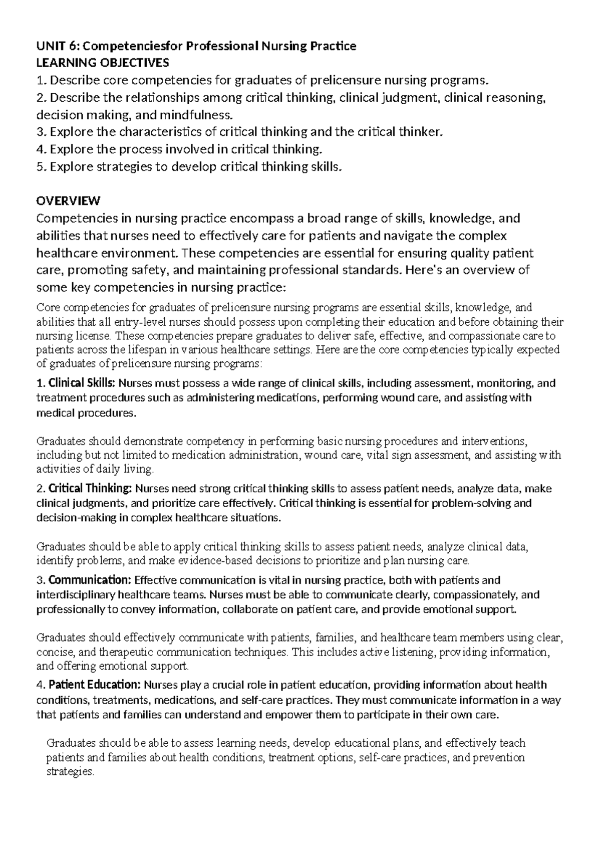 Critical Thinking - UNIT 6: Competenciesfor Professional Nursing ...