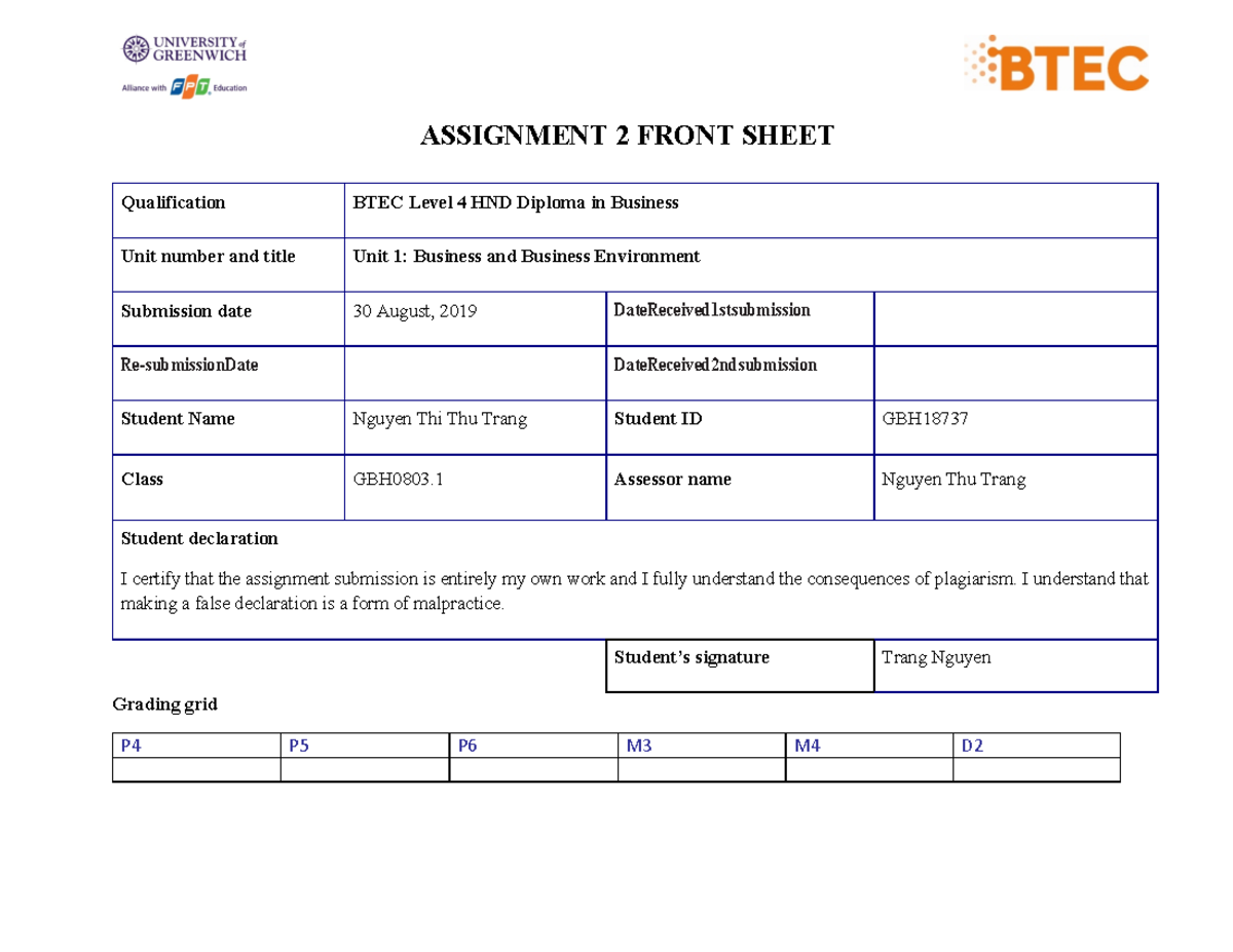 Trang NTT GBH18737 485 ASM2 - ASSIGNMENT 2 FRONT SHEET Qualification BTEC Level 4 HND Diploma in ...