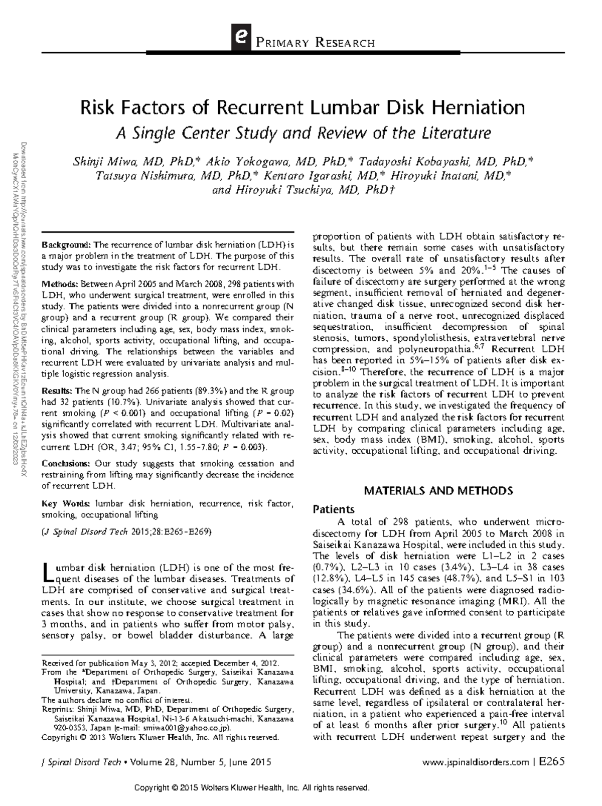 Risk factors of recurrent lumbar disk herniation - Risk Factors of ...