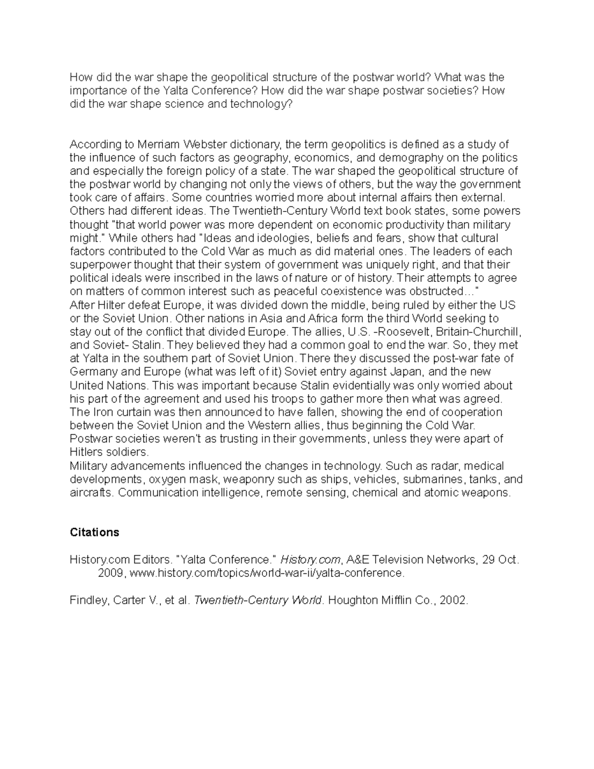 History 212 module 1 - How did the war shape the geopolitical structure ...