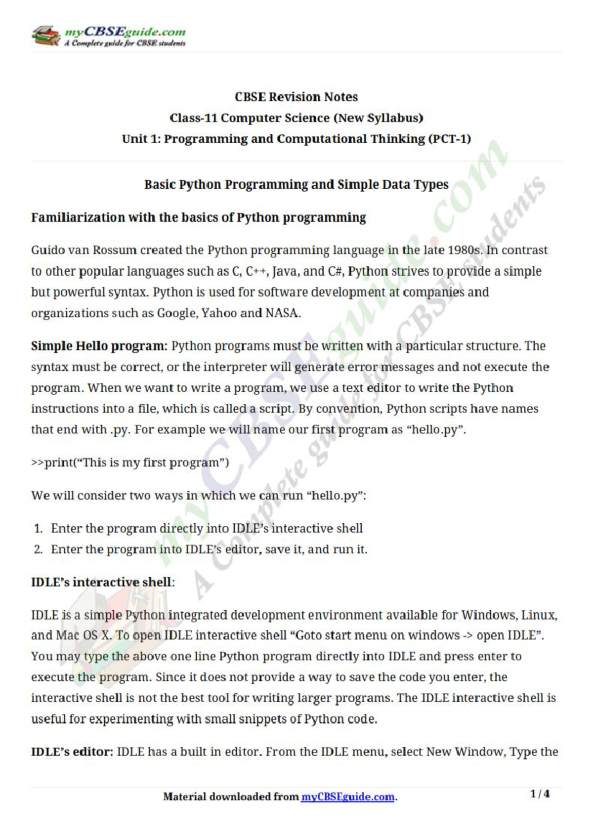11 computer science notes unit1 python prog simpledatatype - SS ...