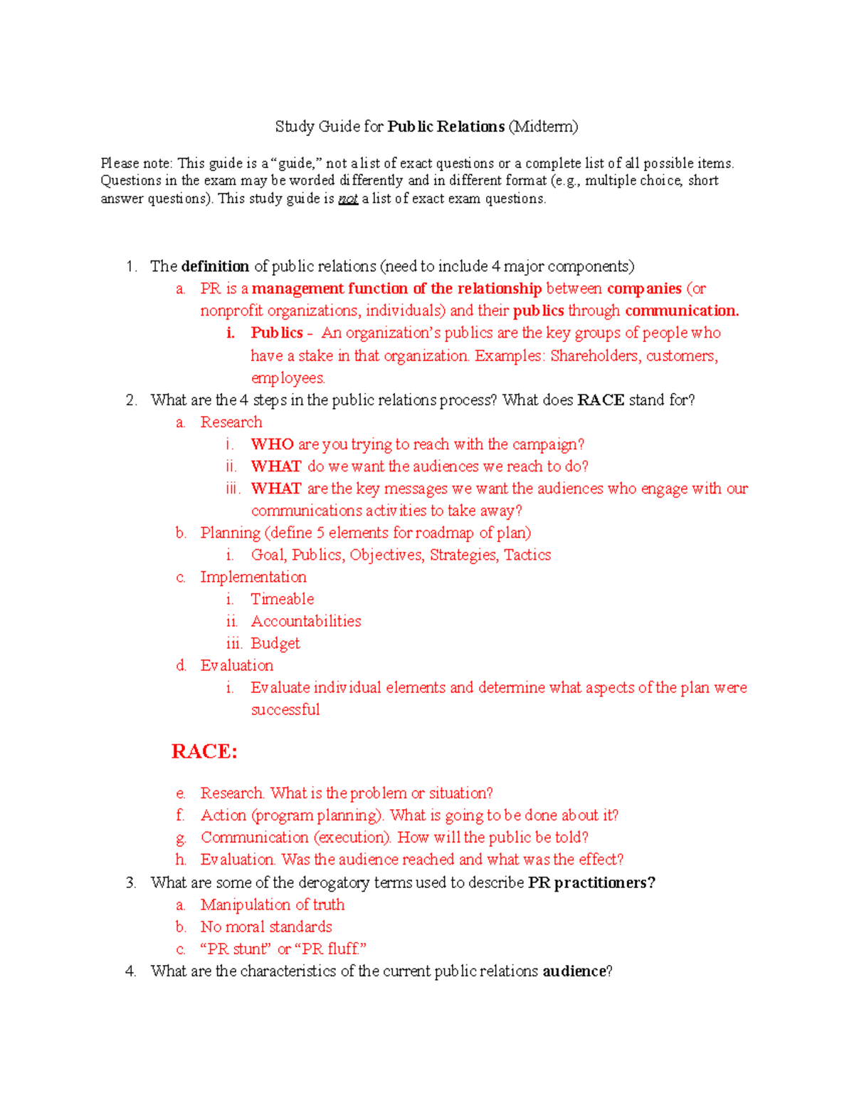 Midterm Study Guide for Public Relations - Study Guide for Public ...