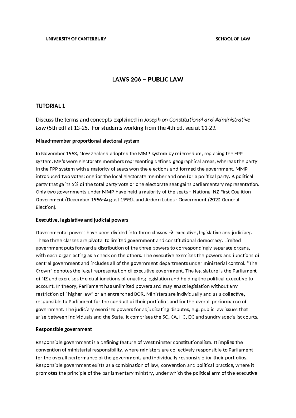 LAWS206 - Tutorial 1 - UNIVERSITY OF CANTERBURY SCHOOL OF LAW LAWS 206 ...