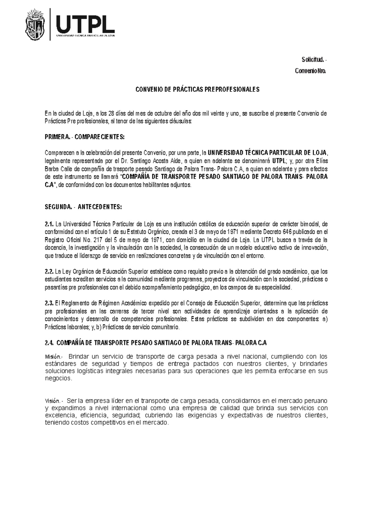 Formato Convenio DE Prácticas Preprofesionales UTPL - Solicitud ...
