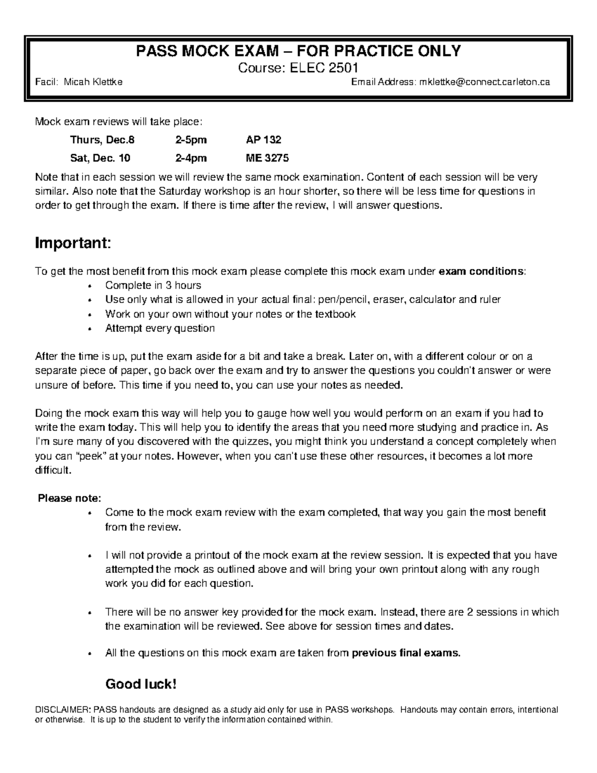 Sample/practice exam December 2011, questions - PASS MOCK EXAM – FOR ...