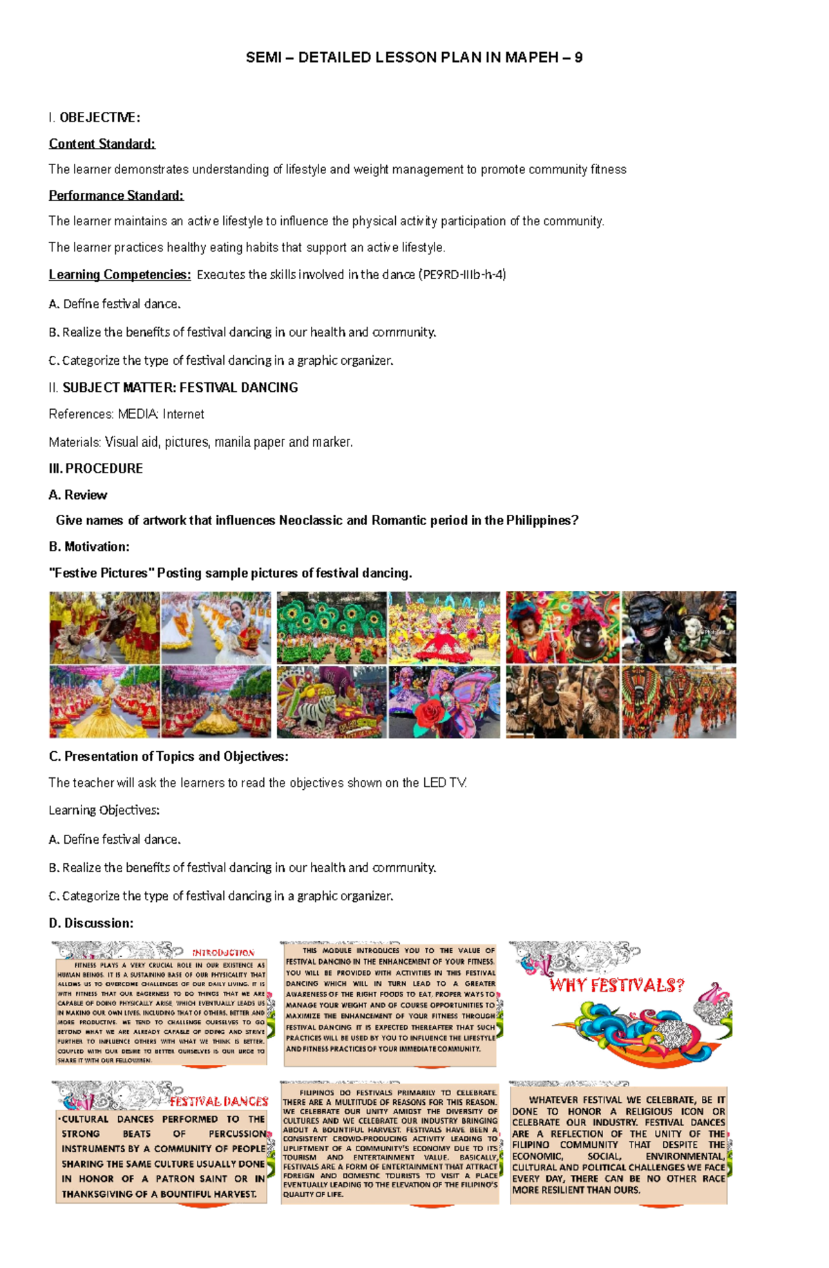 Mapeh-9 PE Q3 - SEMI – DETAILED LESSON PLAN IN MAPEH – 9 I. OBEJECTIVE: Content Standard: The ...