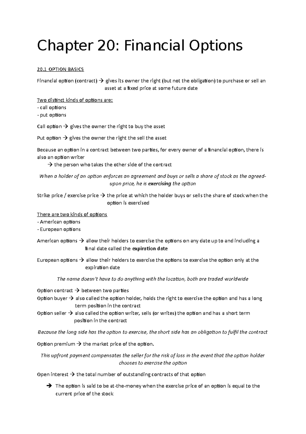 Summary Chapter 20 - Chapter 20: Financial Options 20 OPTION BASICS ...