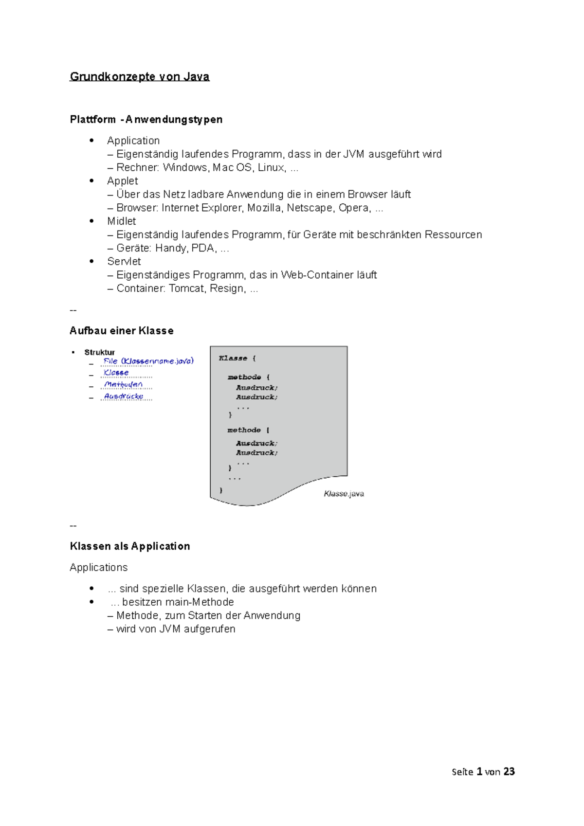 Programmieren 1 Zusammenfassung - Grundkonzepte von Java Plattform ...