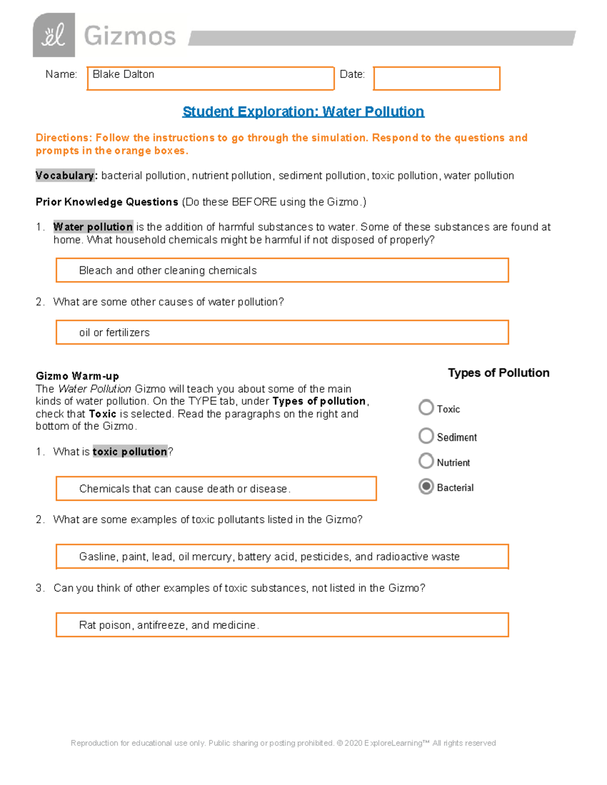 Water Pollution Gizmo Student Handout - Name: Blake Dalton Date ...