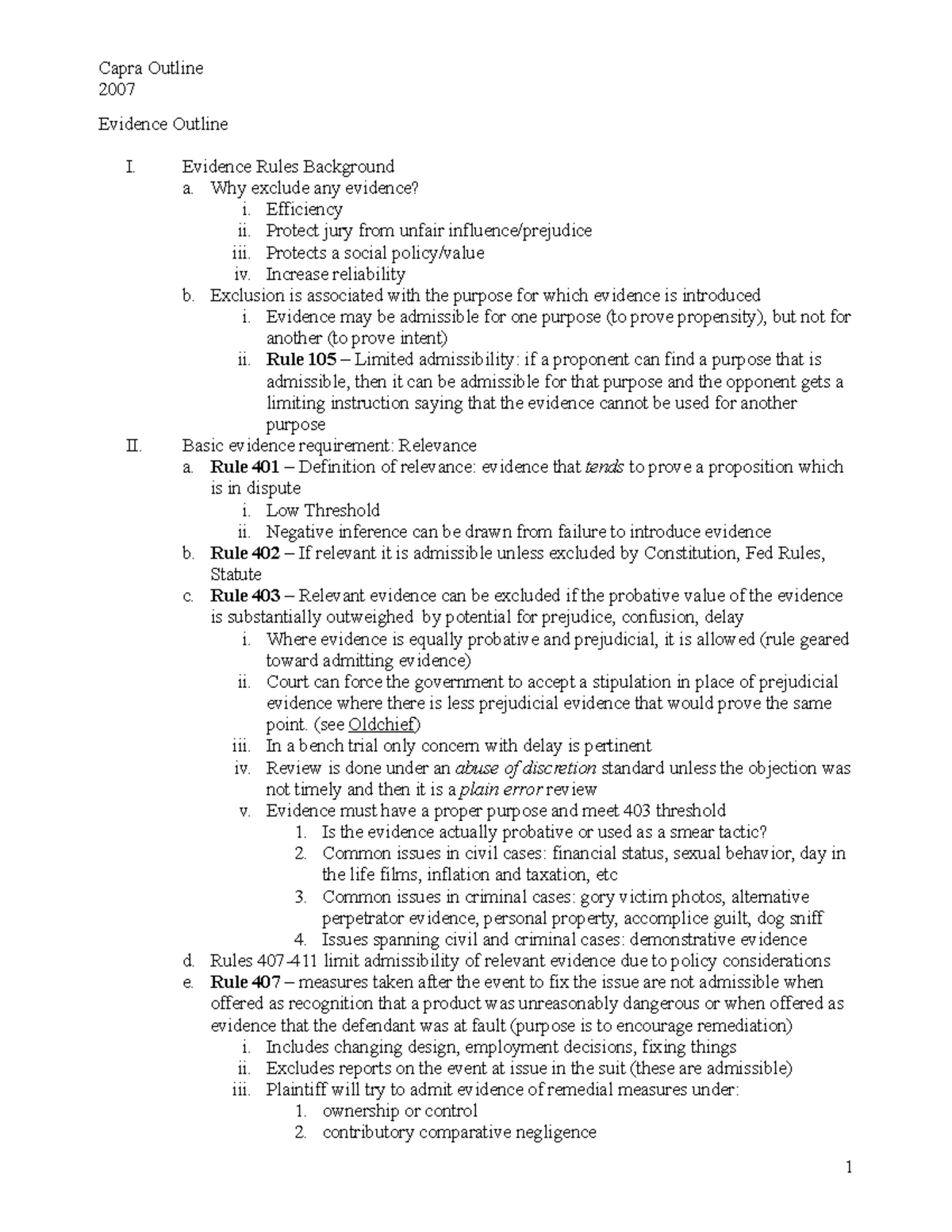 Capraspring 07 - outline - 2007 Evidence Outline I. Evidence Rules ...