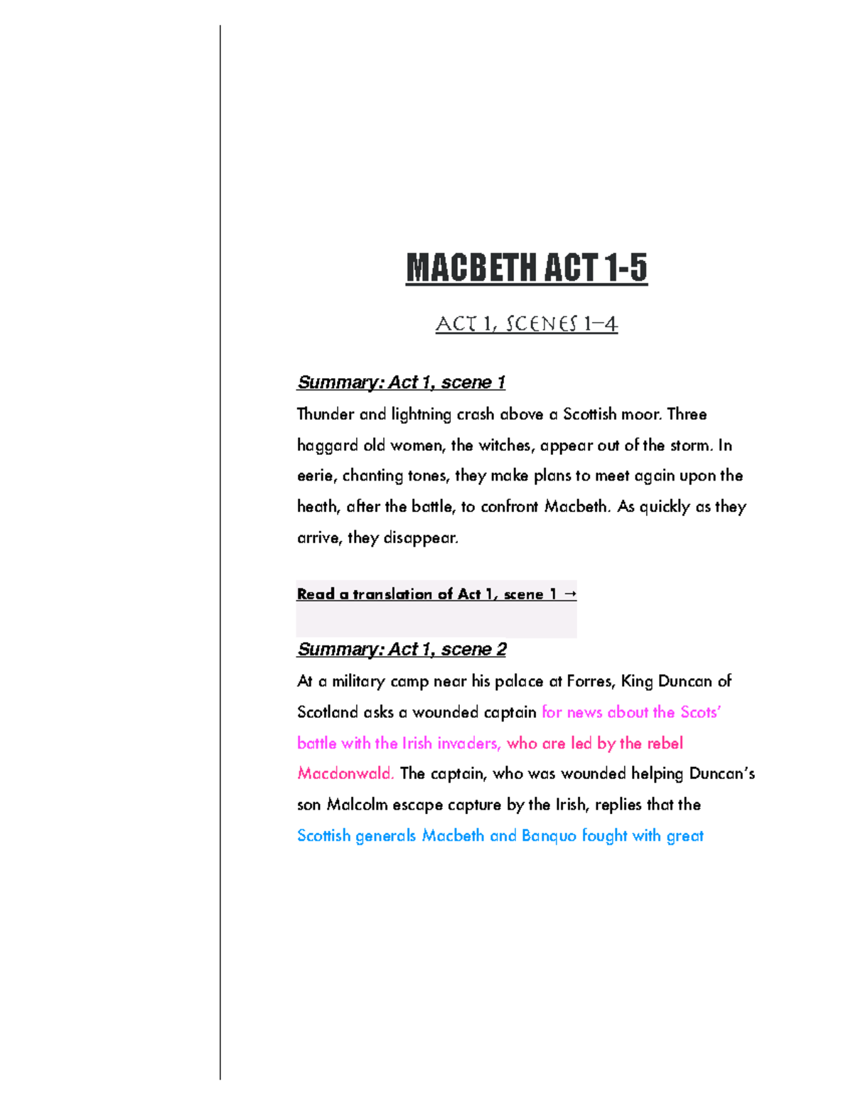 Macbeth ACT 2-5 Summary AND analysis - MACBETH ACT 1- Act 1, scenes 1 ...