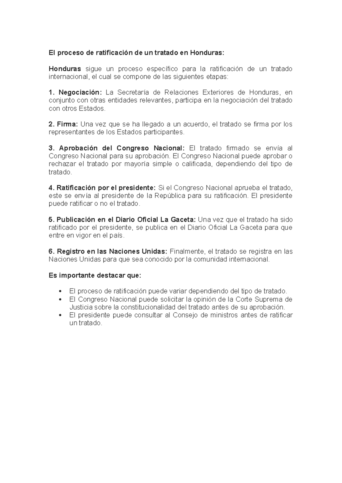 El Proceso De Ratificación De Un Tratado En Honduras El Proceso De