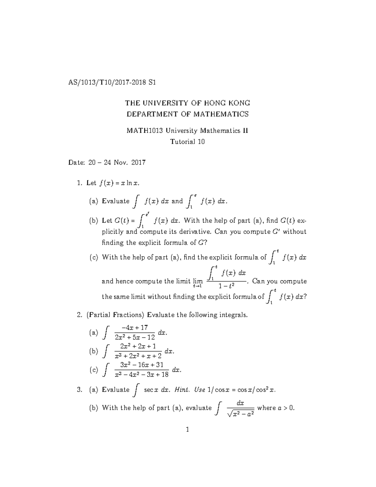 MATH1013 2017 Sem1 Tut10 - AS/1013/T10/2017-2018 S THE UNIVERSITY OF HONG KONG DEPARTMENT OF ...