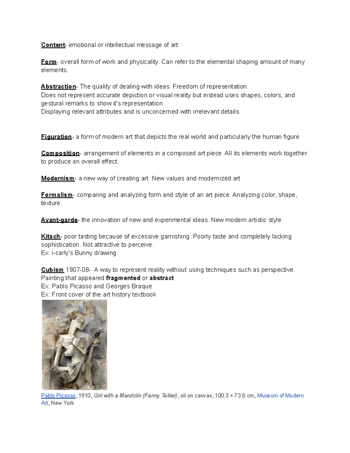 Art History Post War Post Modern Review Vocabulary - Content- emotional ...