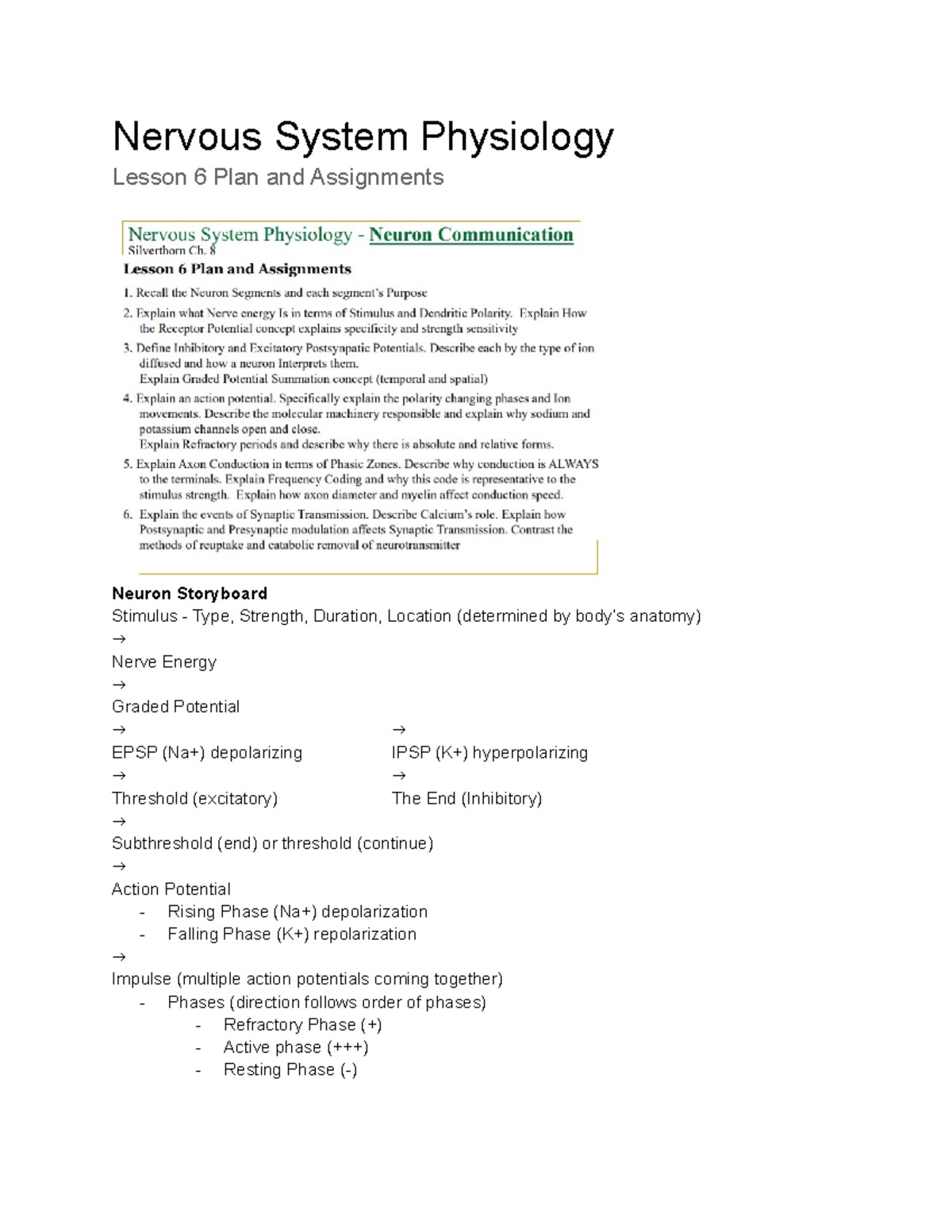 L6 Neuron System Physiology - Nervous System Physiology Lesson 6 Plan ...