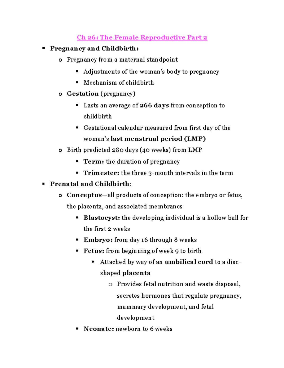 Ch 26-Part 2 - Study Guide - Ch 26: The Female Reproductive Part 2 ...