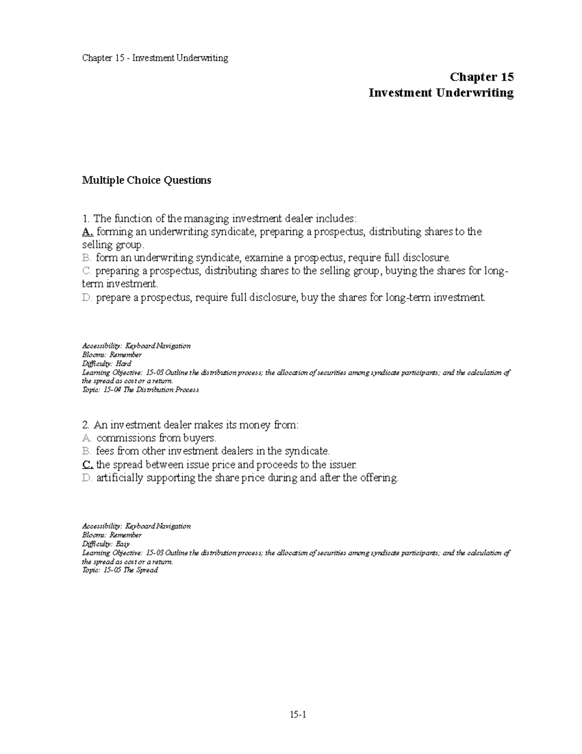 Test Bank FIN 220 Chap015 - Chapter 15 Investment Underwriting Multiple ...