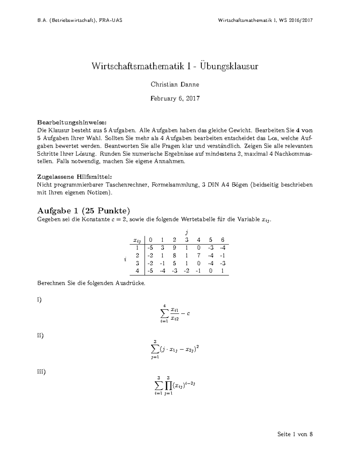 Probeklausur Wintersemester 2015/2016, Fragen und Antworten - B. (Betriebswirtschaft), FRA-UAS ...