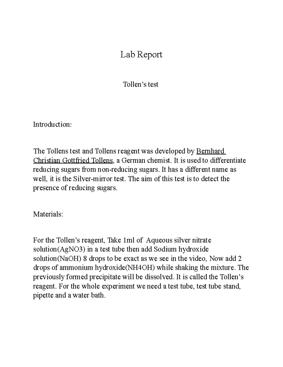 Tollens test lab report - Lab Report Tollen’s test Introduction: The ...