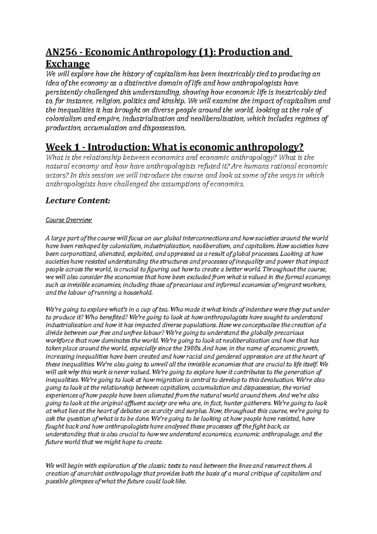 AN256-WK1-Lecture Notes - AN256 - Economic Anthropology (1): Production ...