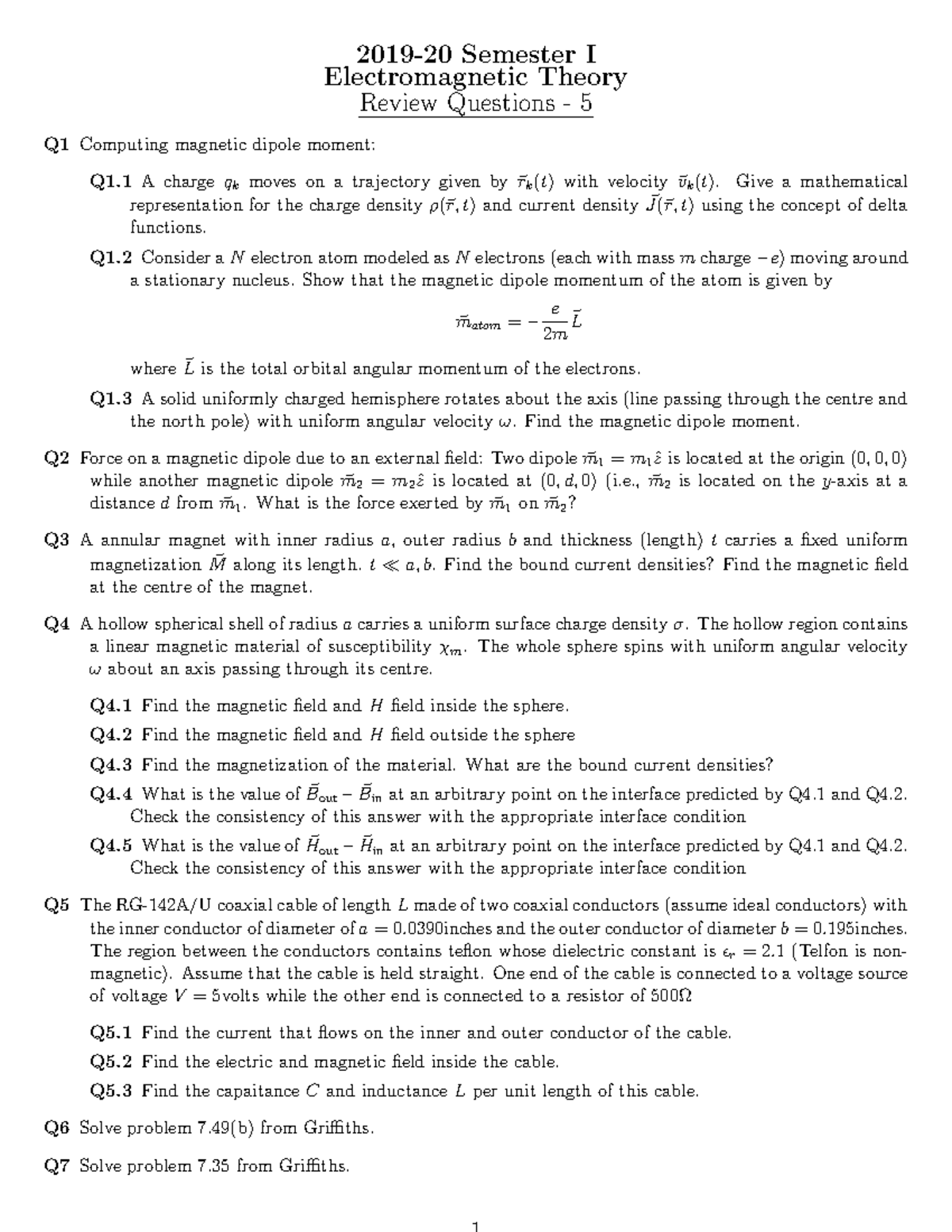 EMT Assignment 5 - 2019-20 Semester I Electromagnetic Theory ...