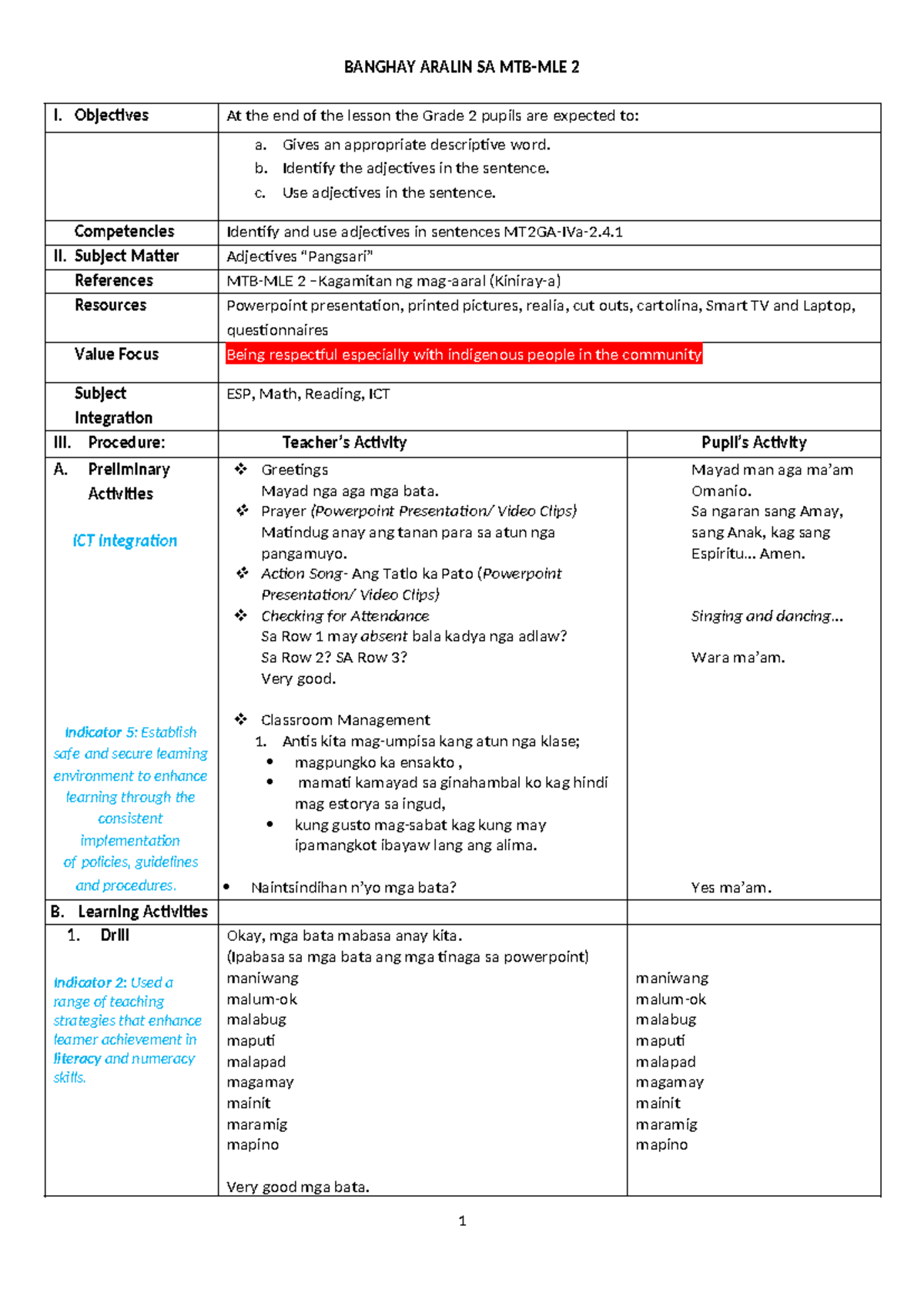 Lesson PLAN IN MTB 1 Pangsari 2 - BANGHAY ARALIN SA MTB-MLE 2 I ...