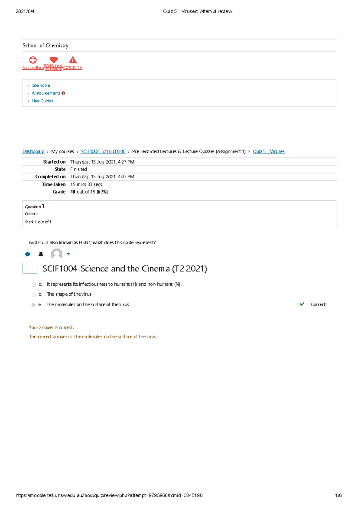Quiz 5 - Viruses Attempt review - Dashboard My courses SCIF1004-5216 ...