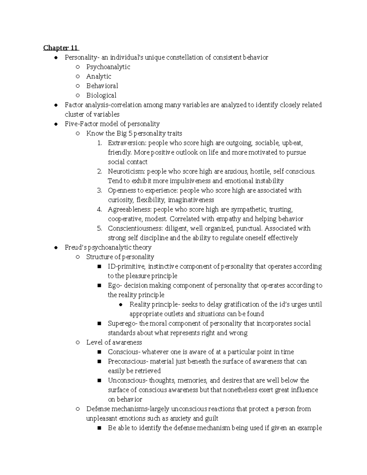 Exam 3 Review - Chapter 11 Personality- an individual's unique ...