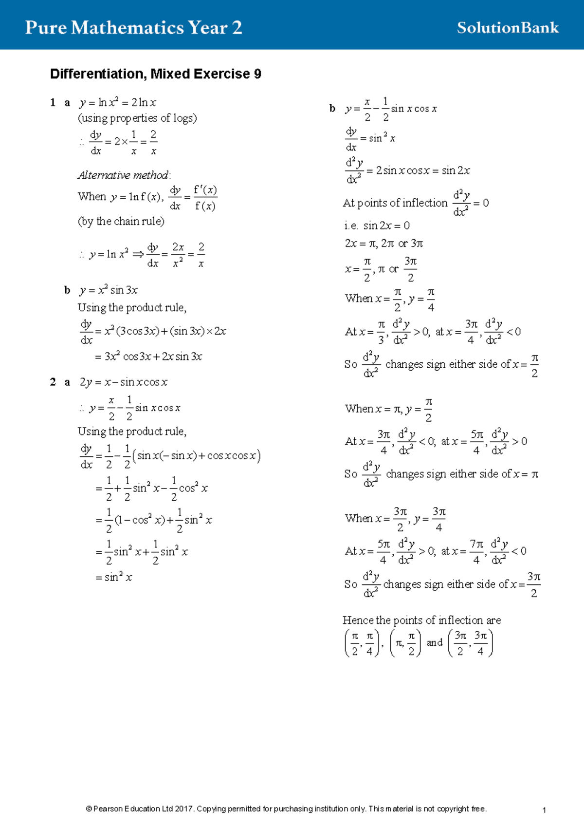 Alevelsb p2 ex9mix - Differentiation, Mixed Exercise 9 1 a 2 y = ln x =2 lnx (using properties ...