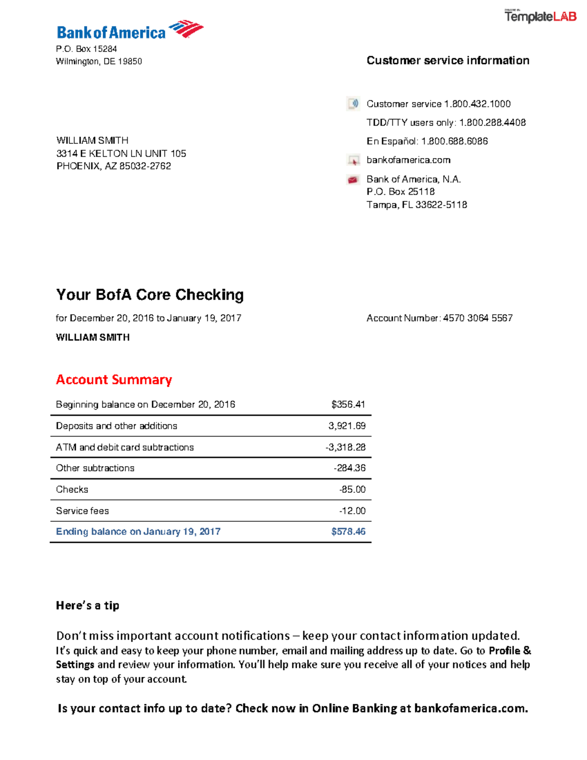 Bank of America Bank Statement - Template Lab - P. Box 15284 Wilmington ...