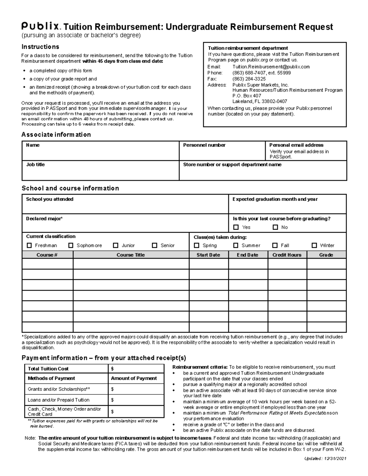 Undergraduate Reimbursement Request 2 - Updated: 12/ 31 / Tuition ...