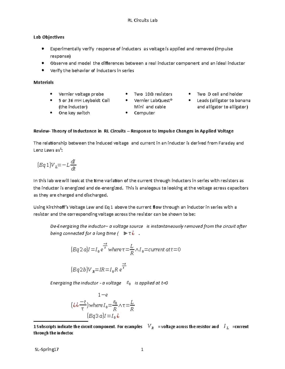 LR Time Constants-SL F17V1 - Lab Objectives Experimentally verify ...