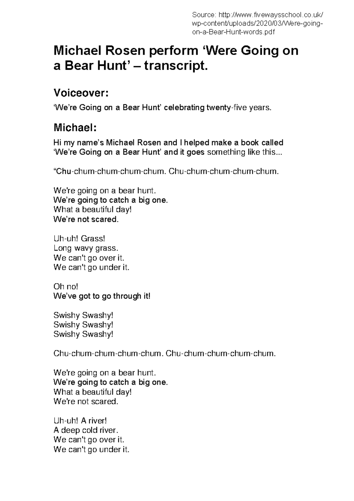 Were going on a Bear Hunt words - Michael Rosen perform ‘Were Going on ...