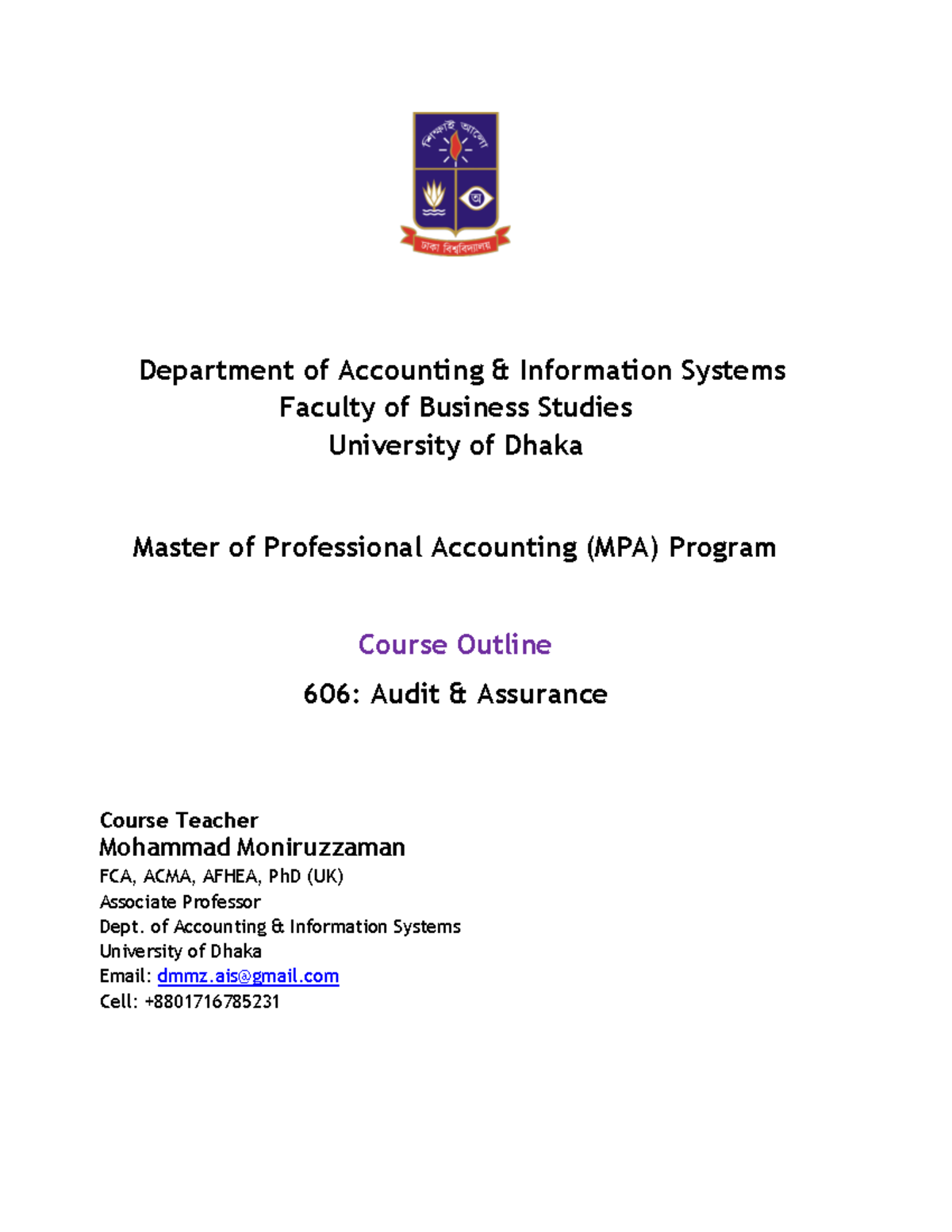 MPA 606 Audit & Assurance Course Outline - Department of Accounting ...