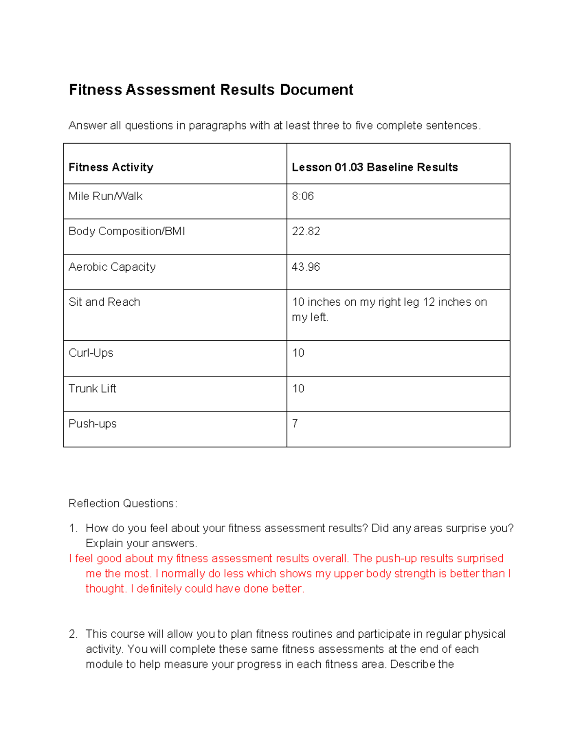 Fitness assessment results - Fitness Activity Lesson 01 Baseline ...