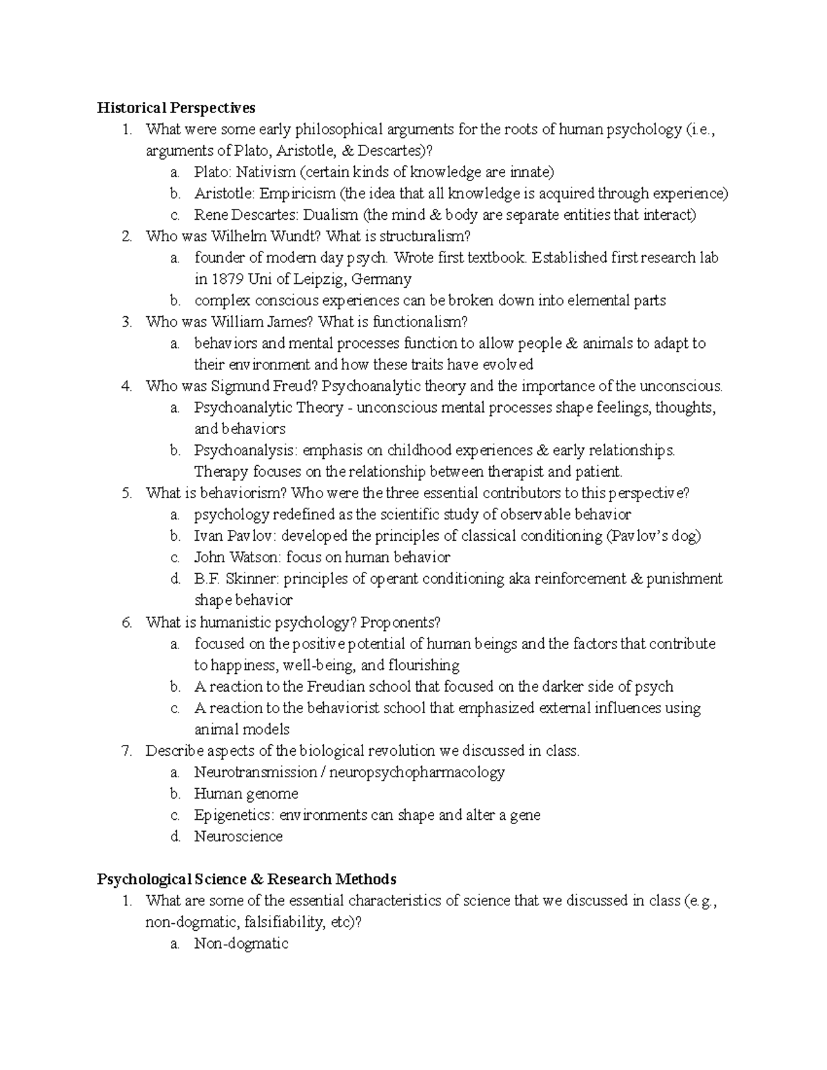 Psych Exam 1 Study Guide - Historical Perspectives 1. What were some ...