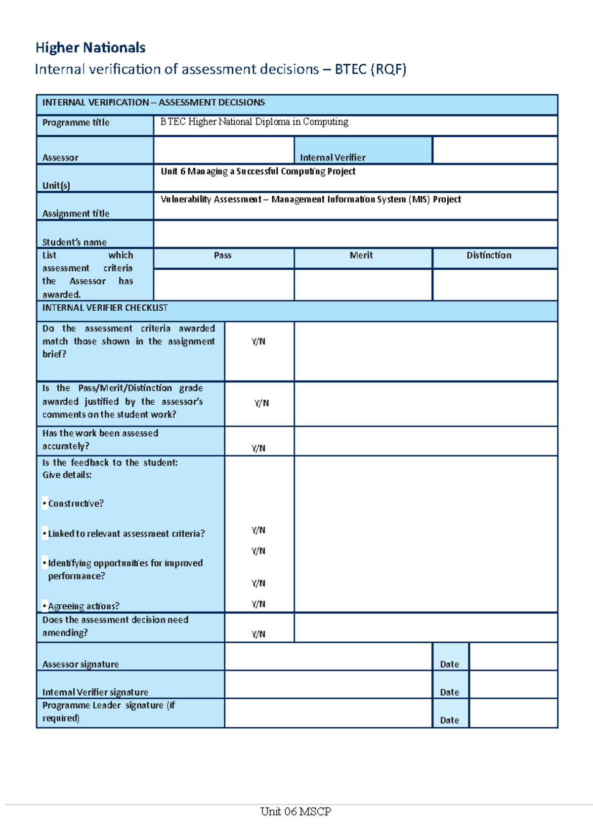 Mscp - Mscp - Higher Nationals Internal verification of assessment ...