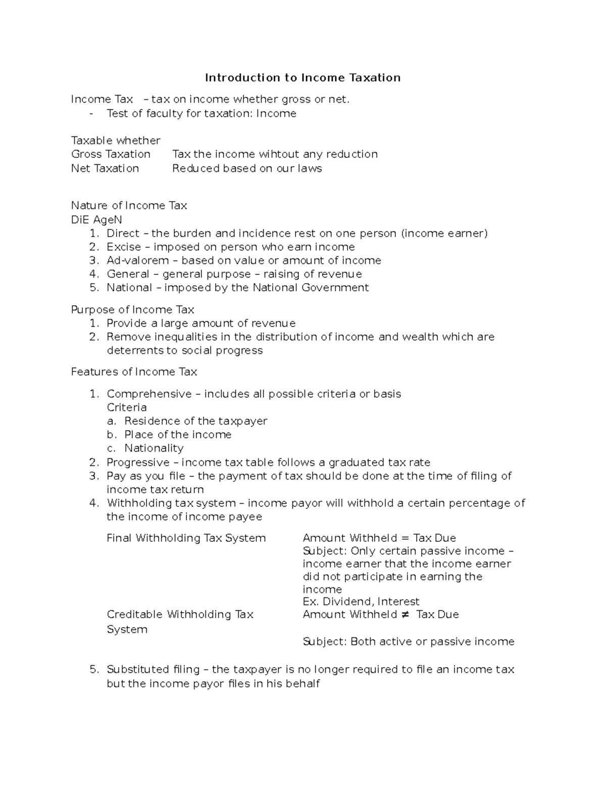 TX-100-Notes - Lecture notes 1-5 Intro to taxation - Introduction to ...