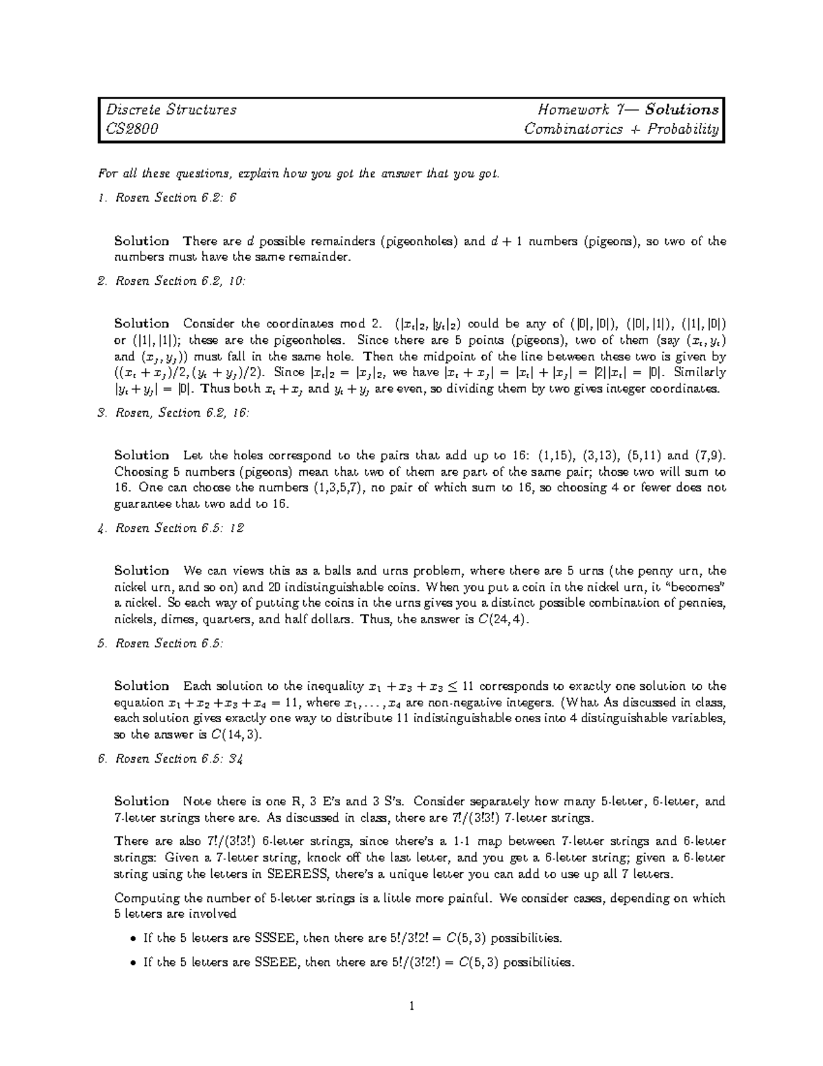 2800sol7 - hw7sol - Discrete Structures Homework 7—Solutions CS2800 Combinatorics + Probability ...
