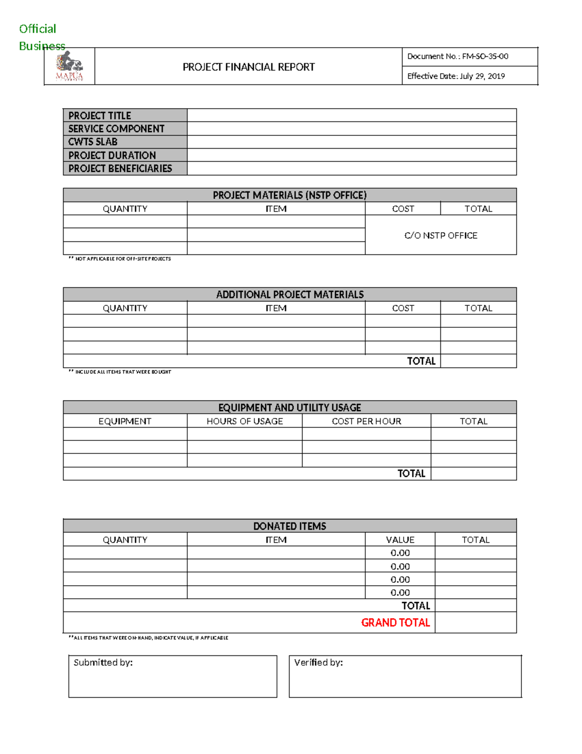 Project Financial Report Form - Official Business PROJECT FINANCIAL ...