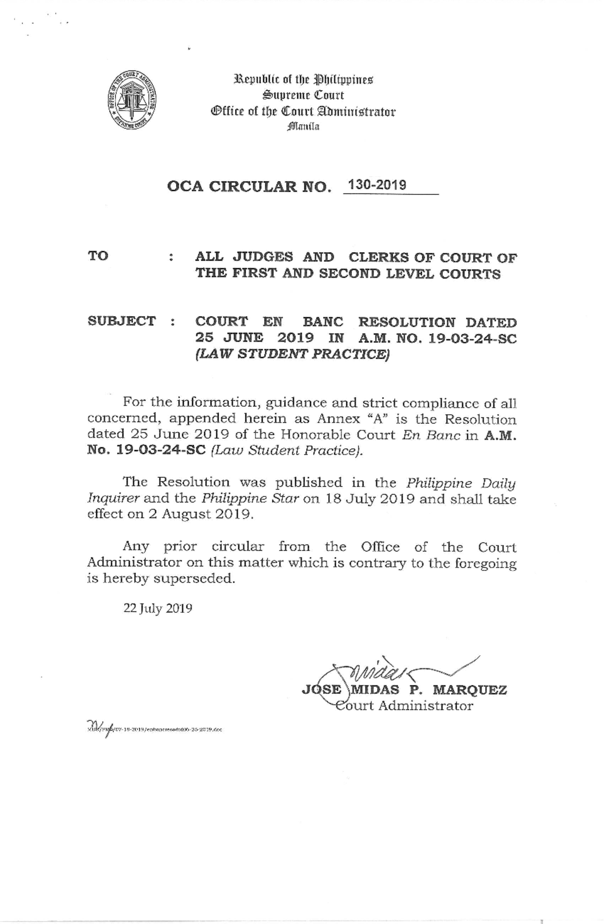 OCA-Circular-No - OCA Law Student Practice - Bachelor of secondary Education - Studocu