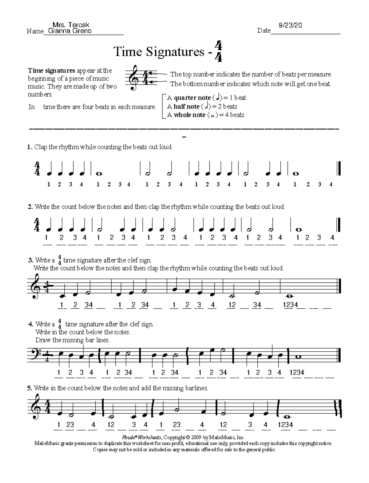 0008 Time Signatures 44, Week 2 6th gr - % 3 3 3 3 œ œ œ œ 1 2 3 4 π 1 ...