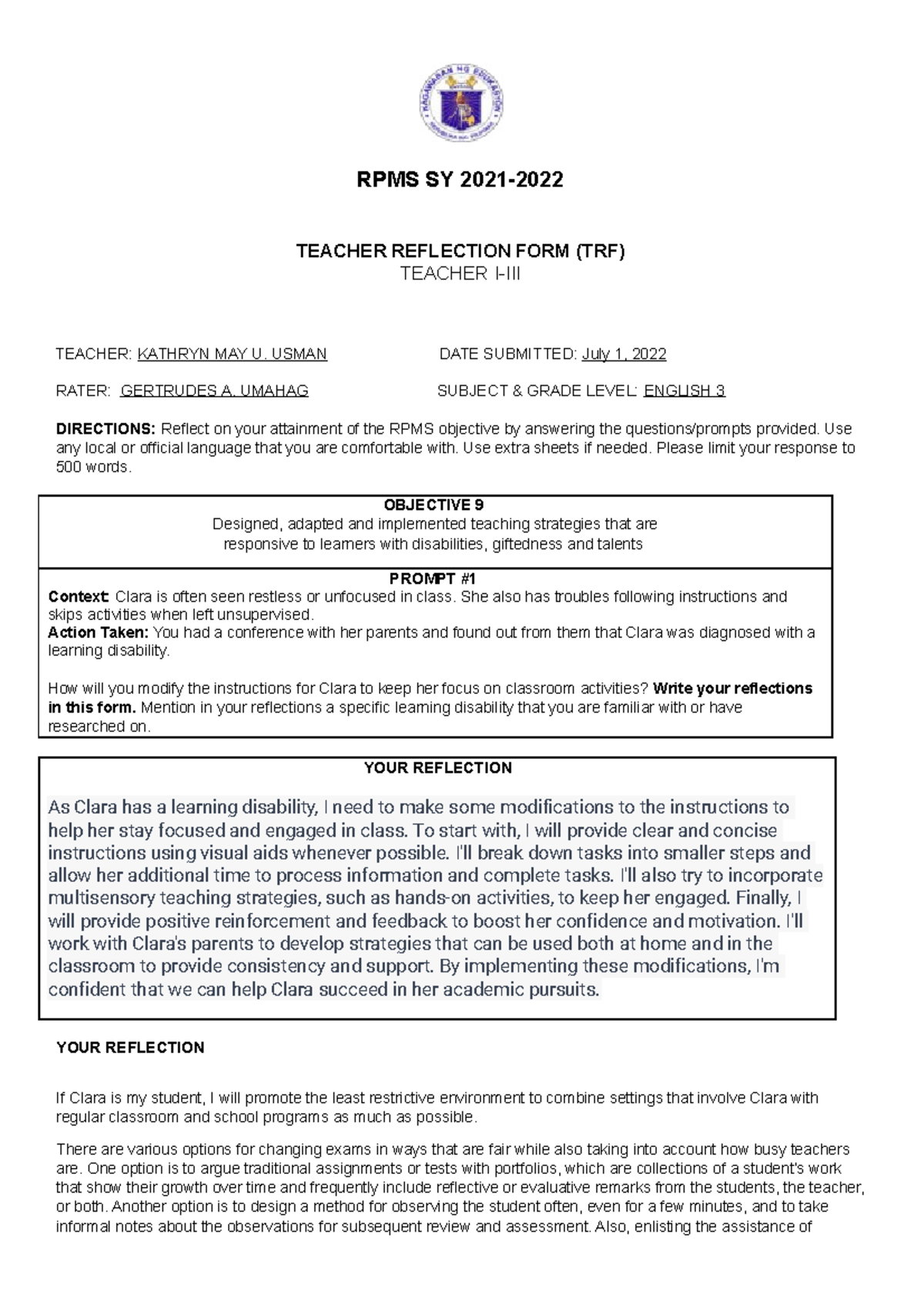 RPMS MOVS FOR OBJ 9 - for lesson planning - TEACHER REFLECTION FORM ...