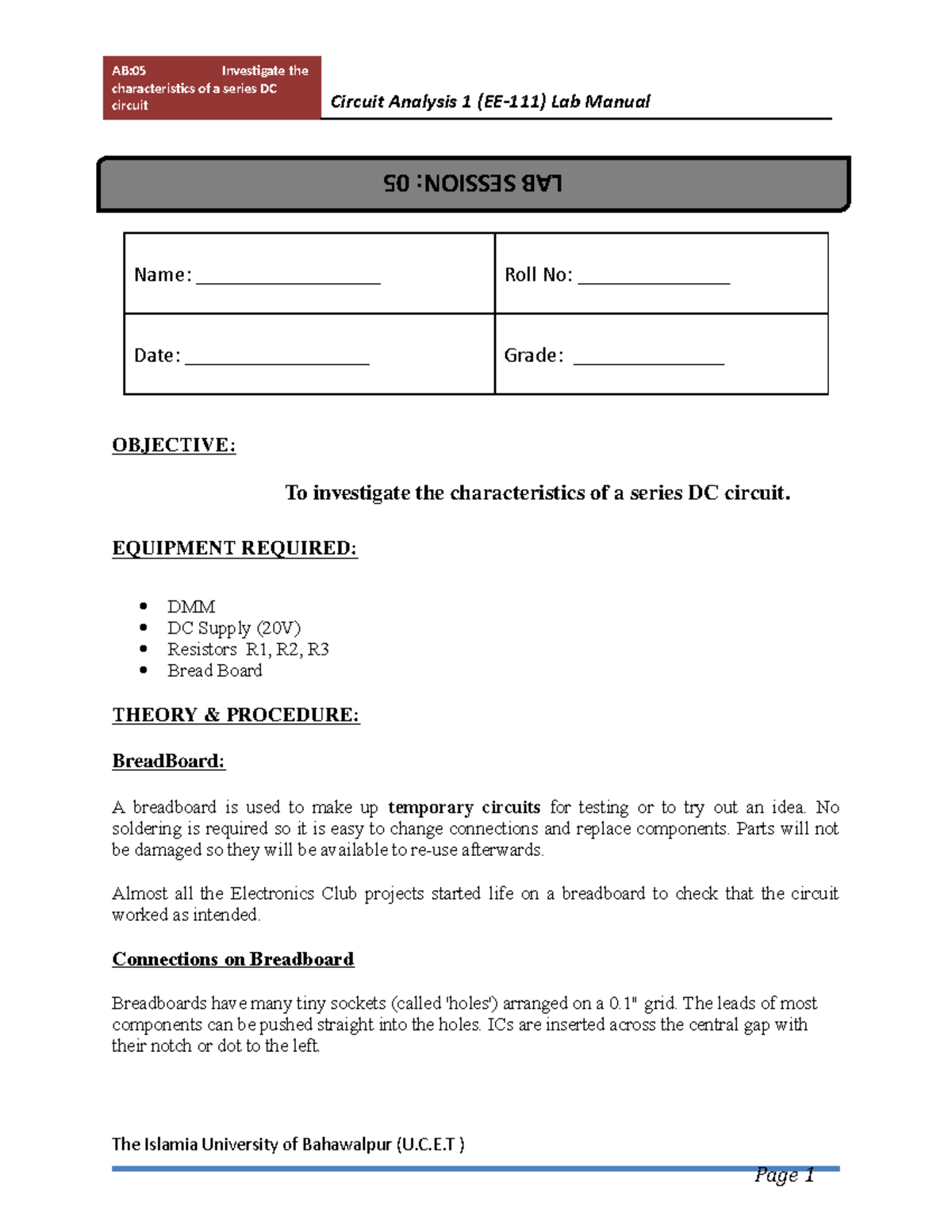 Lab 5 circuit - LAB SESSION: 05 characterisics of a series DC circuit ...