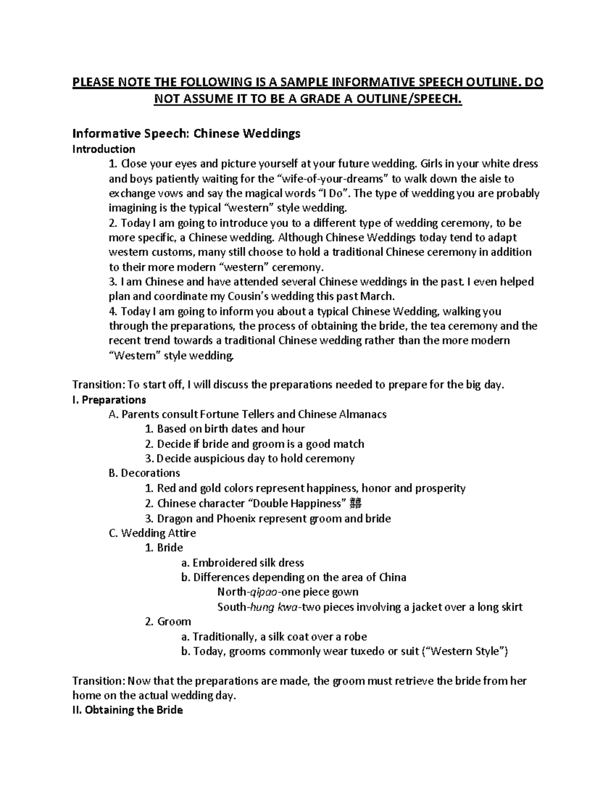 Sample Informative Speech Outline - PLEASE NOTE THE FOLLOWING IS A ...