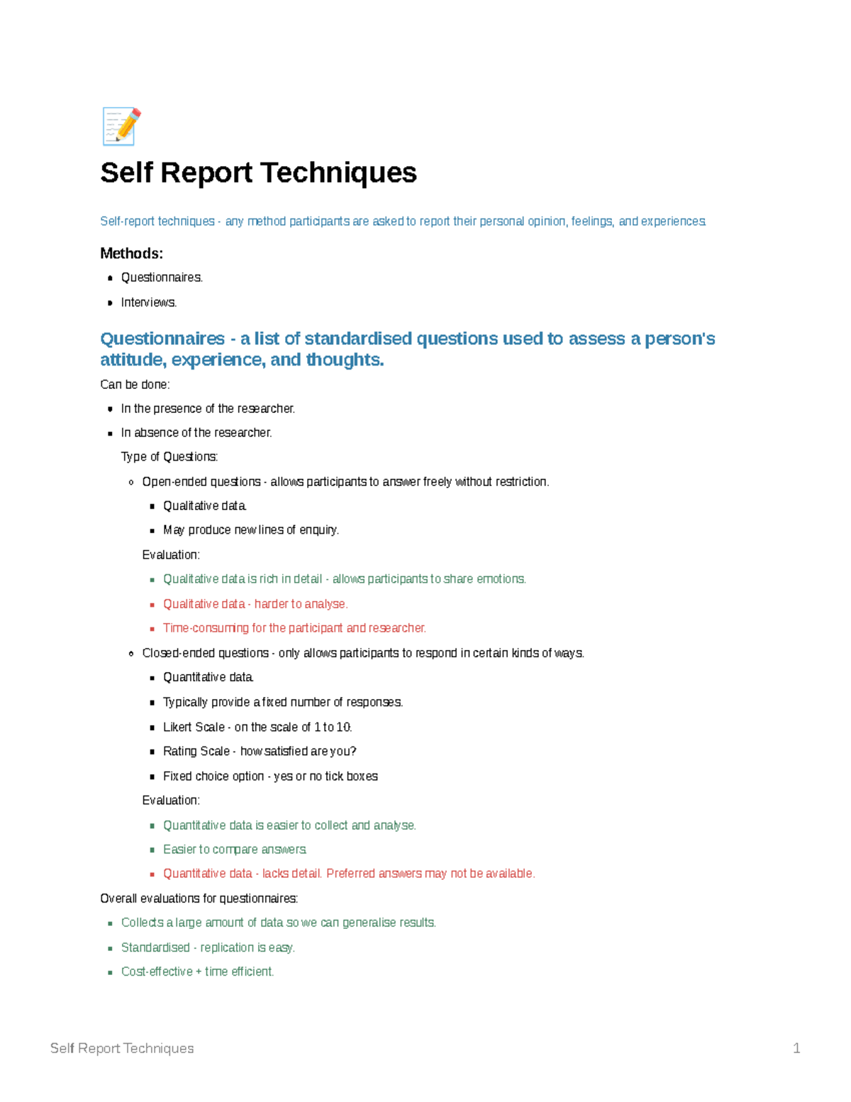 Self Report Techniques - Methods: Questionnaires. Interviews. Questionnaires - a list of - Studocu