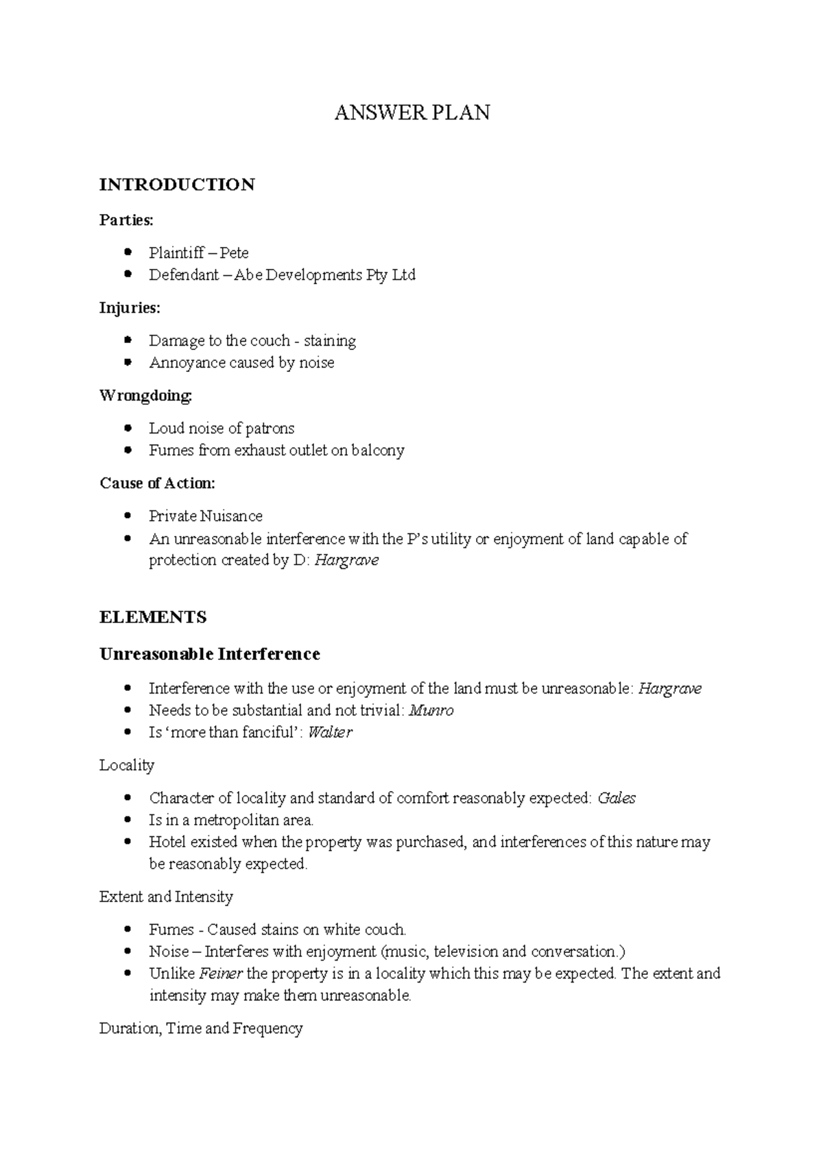 Answer Plan - Grade: HD - ANSWER PLAN INTRODUCTION Parties: Plaintiff ...