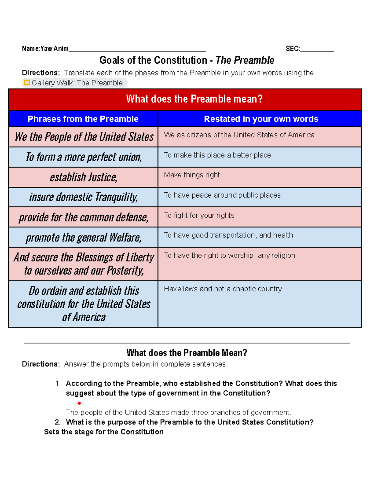 Copy of Goals of the Constitution - The Preamble - Name:Yaw - Studocu